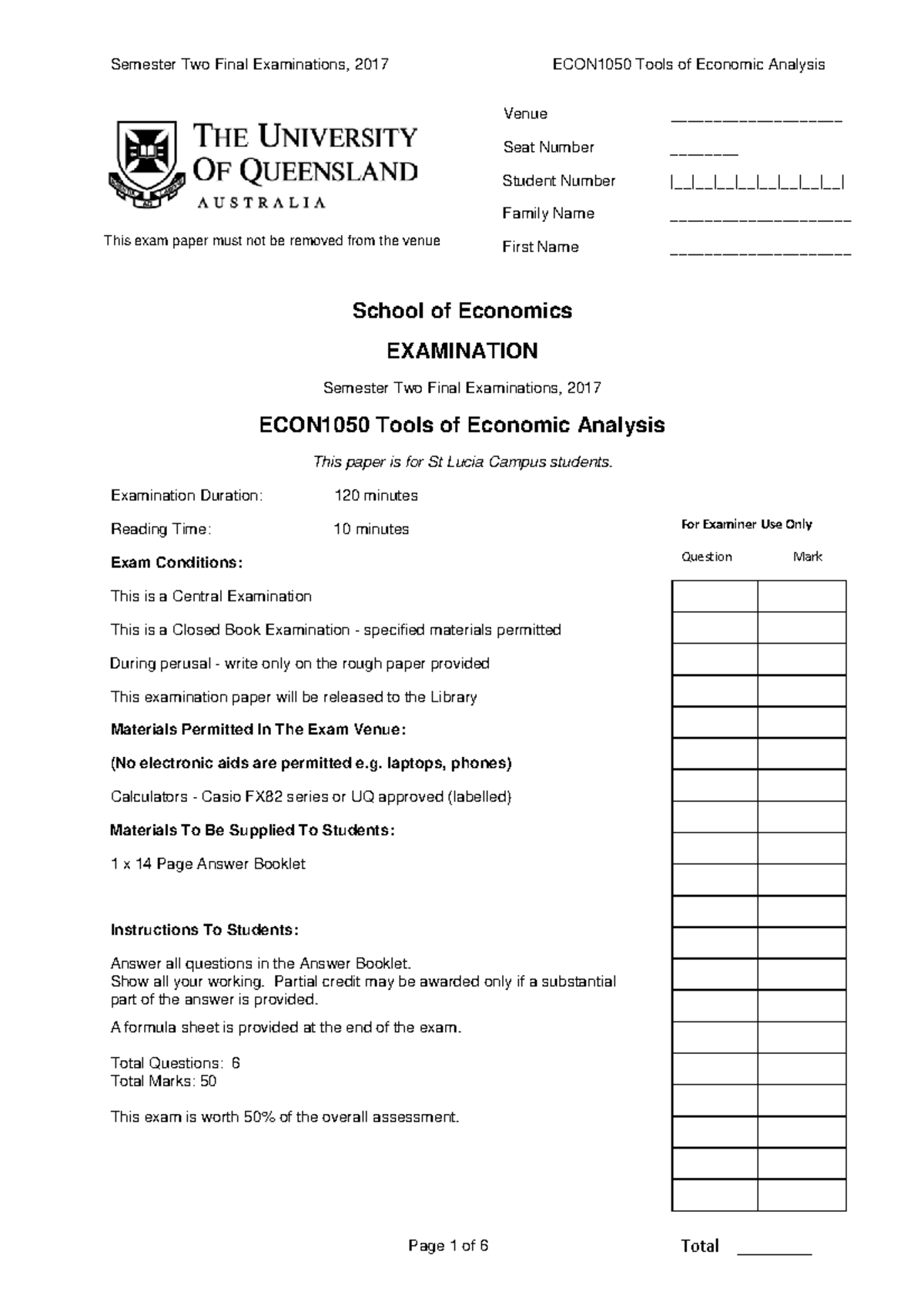 ECON1050 Semester Two Final Exam Practice 2017: Tools of Economic ...