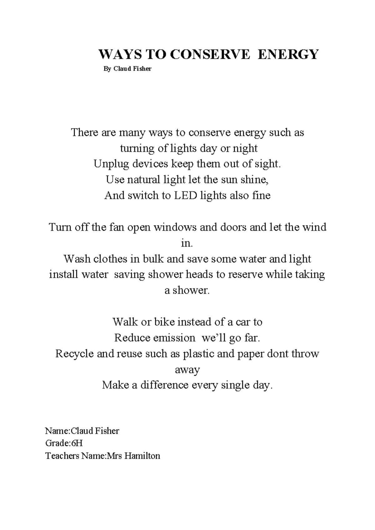 Science POEM - its a poem - WAYS TO CONSERVE ENERGY By Claud Fisher ...