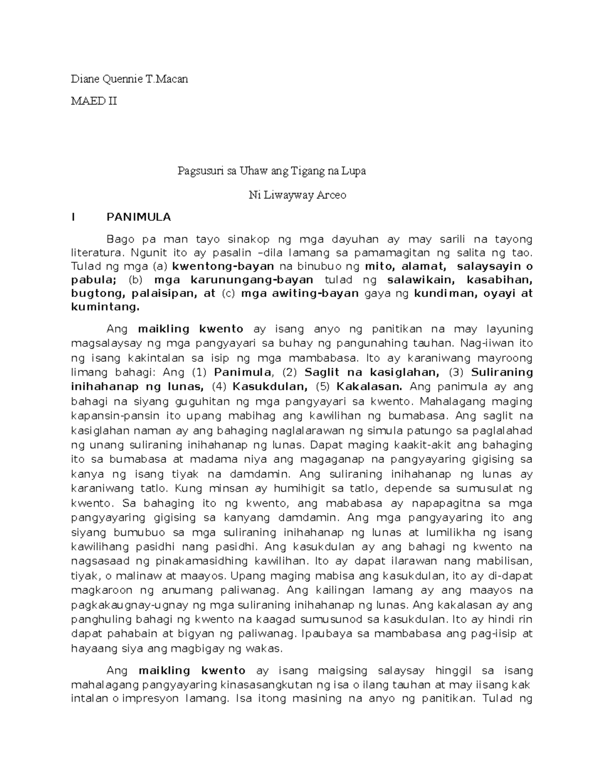 Kritikal na Pagsusuri sa Akdang "Uhaw ang Tigang na Lupa" (MAED II ...