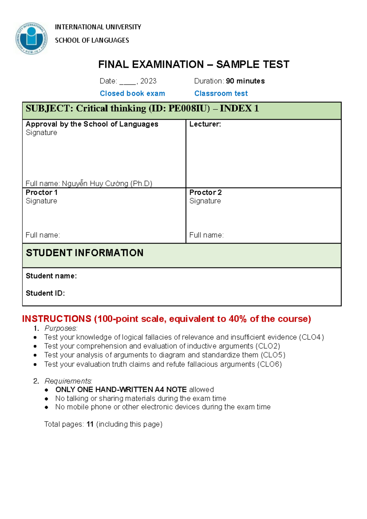 Critical Thinking - Sample test for final exam (1) - INTERNATIONAL ...