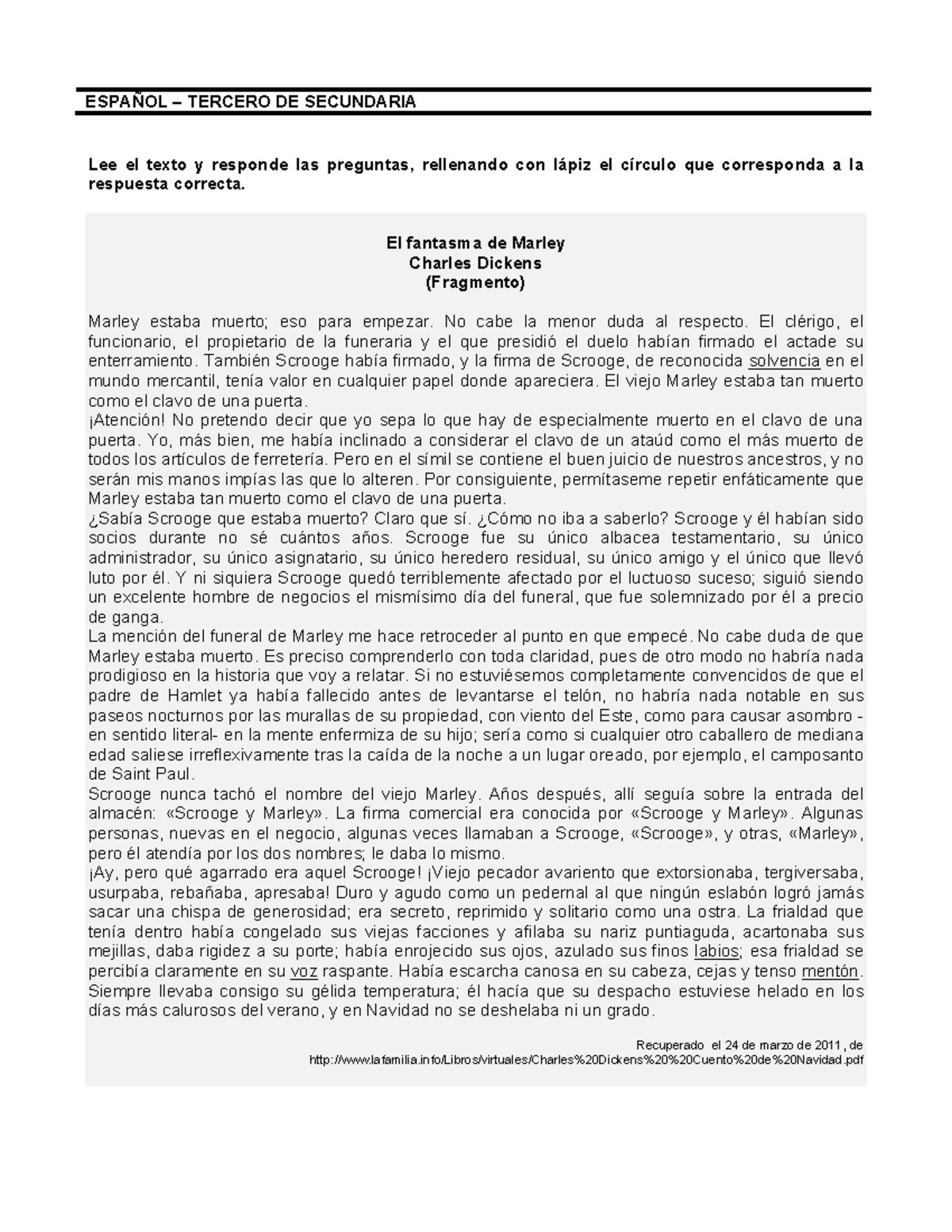 Comprensión Lectora Texto El Fantasma De Marley 3º Eso Studocu