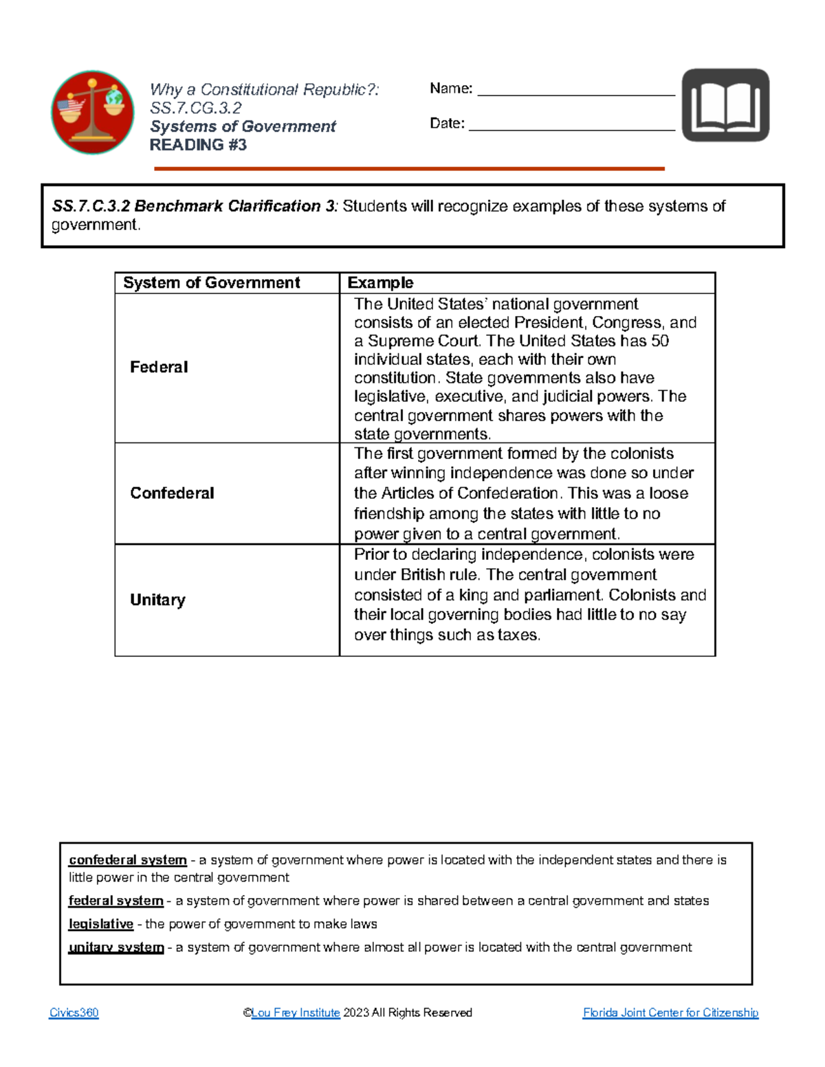 Understanding the Systems of Government: SS.7.CG.3.2 Reading Guide ...
