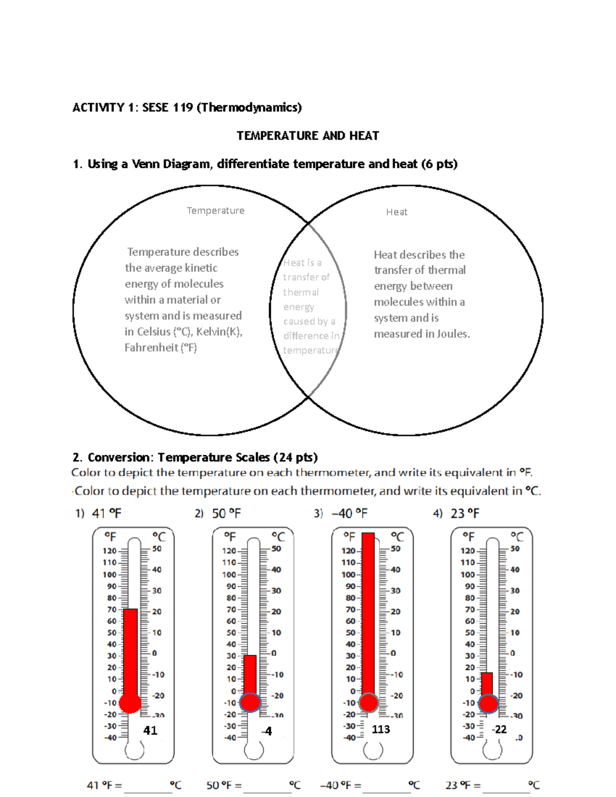 SESE 119 Thermodynamics: Activity 1 on Temperature and Heat - Studocu