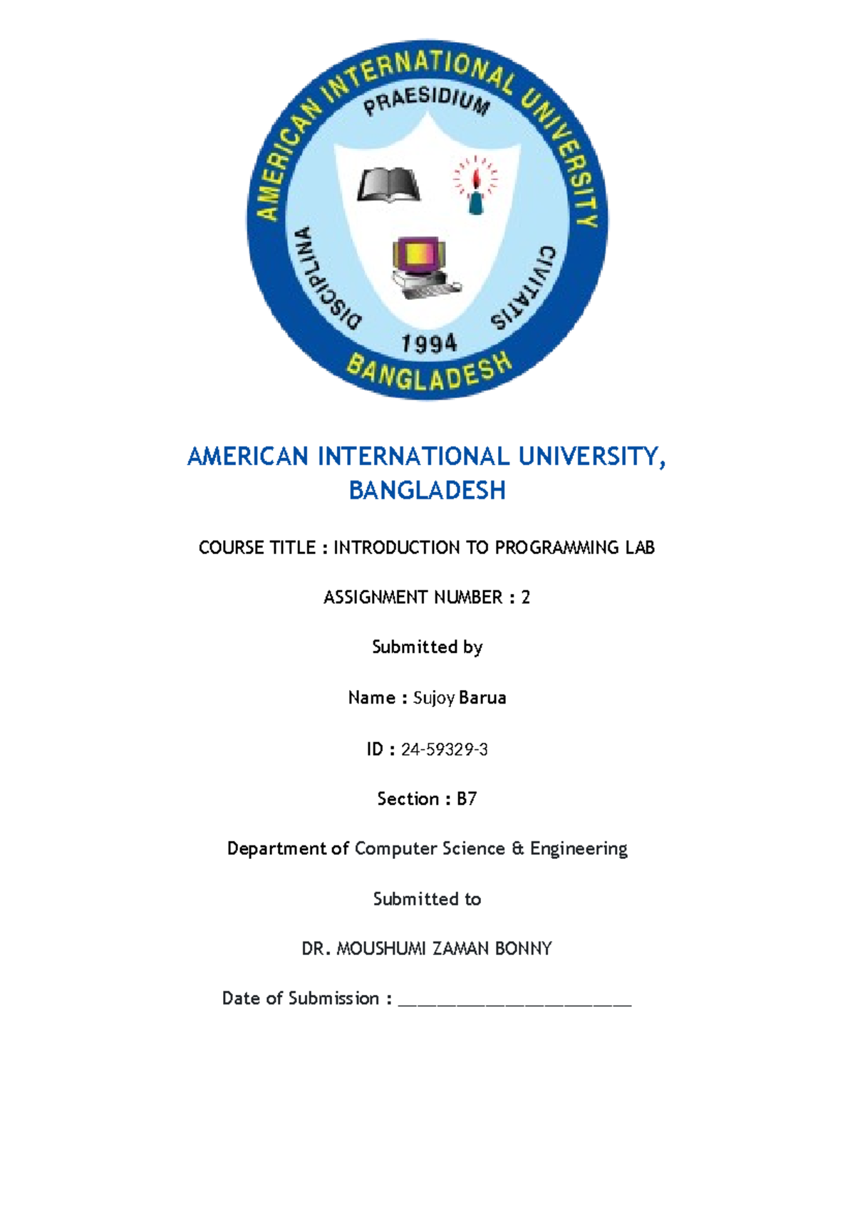 AIUB Assignment Cover Sheet - Programming Language 1 - AMERICAN ...