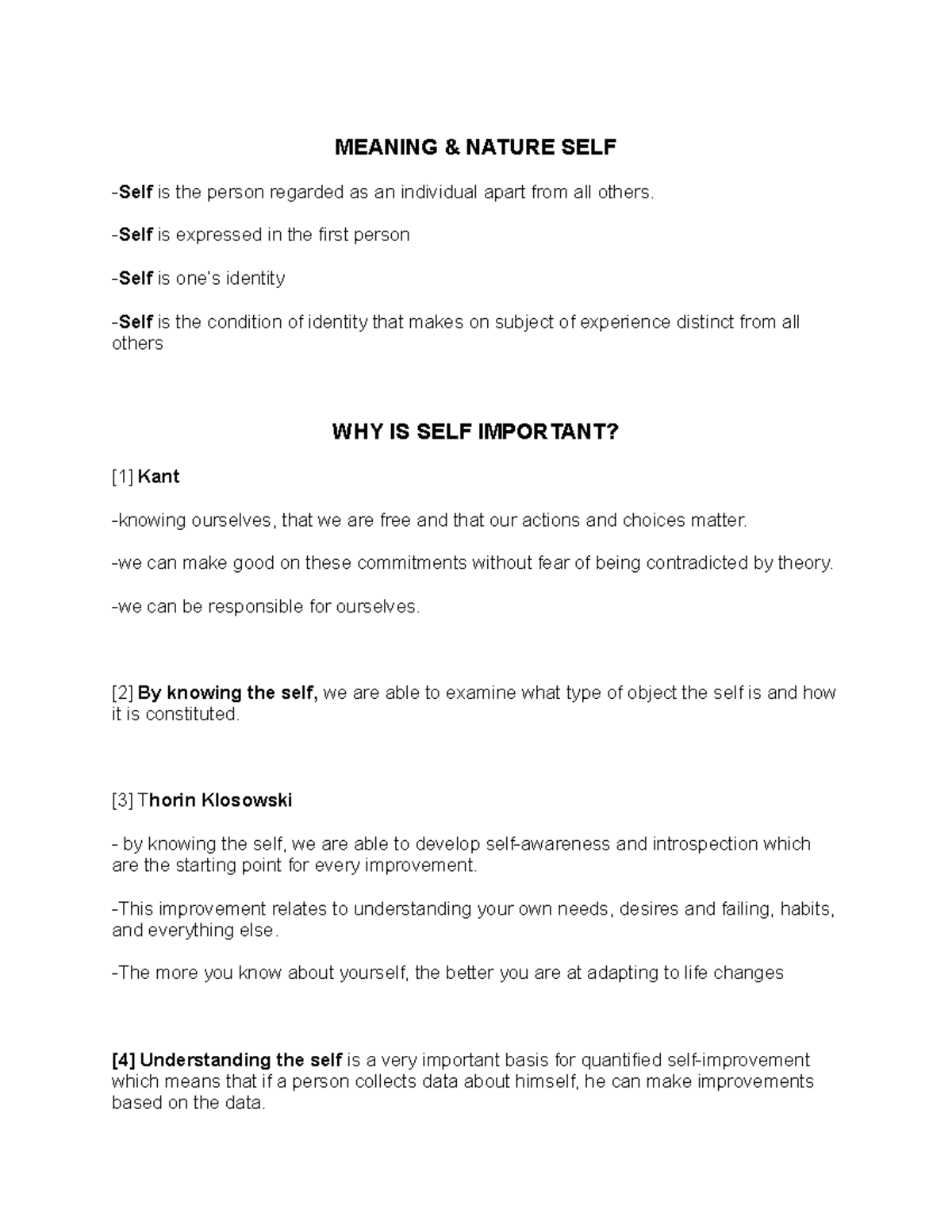 MEANING and NATURE SELF - MEANING & NATURE SELF Self is the person ...