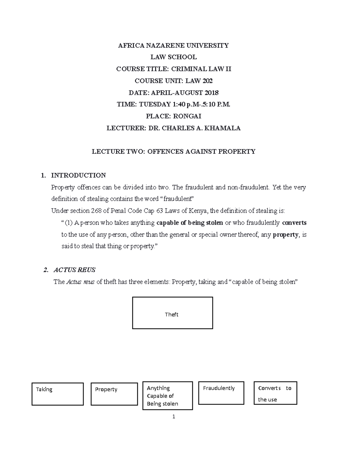 Criminal Law II LAW 202: Offences Against Property Overview - Studocu