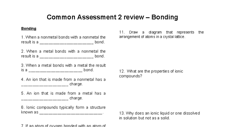 Common Assessment 2 Review: Bonding Concepts and Diagrams - Studocu