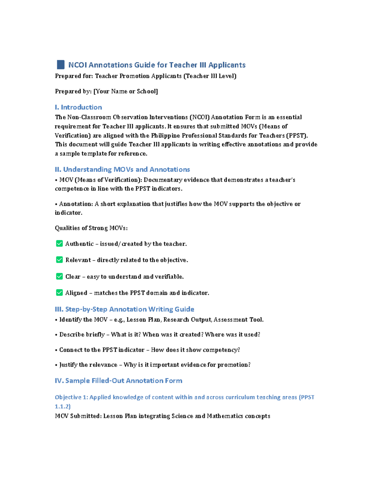 NCOI Annotations Guide for Teacher III Promotion Applicants - Studocu