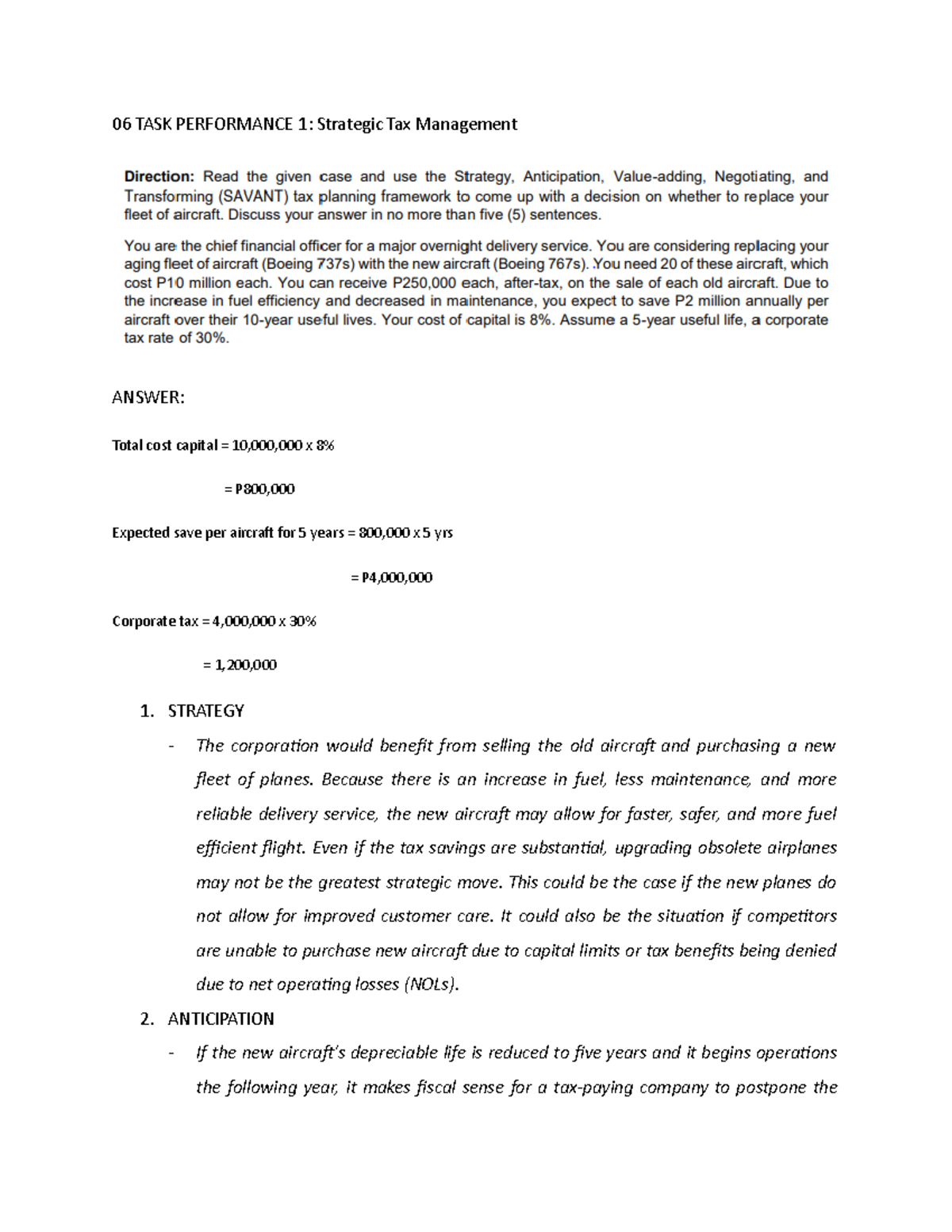 06 TASK Performance 1 Strataxman - 06 TASK PERFORMANCE 1: Strategic Tax Management ANSWER: Total ...