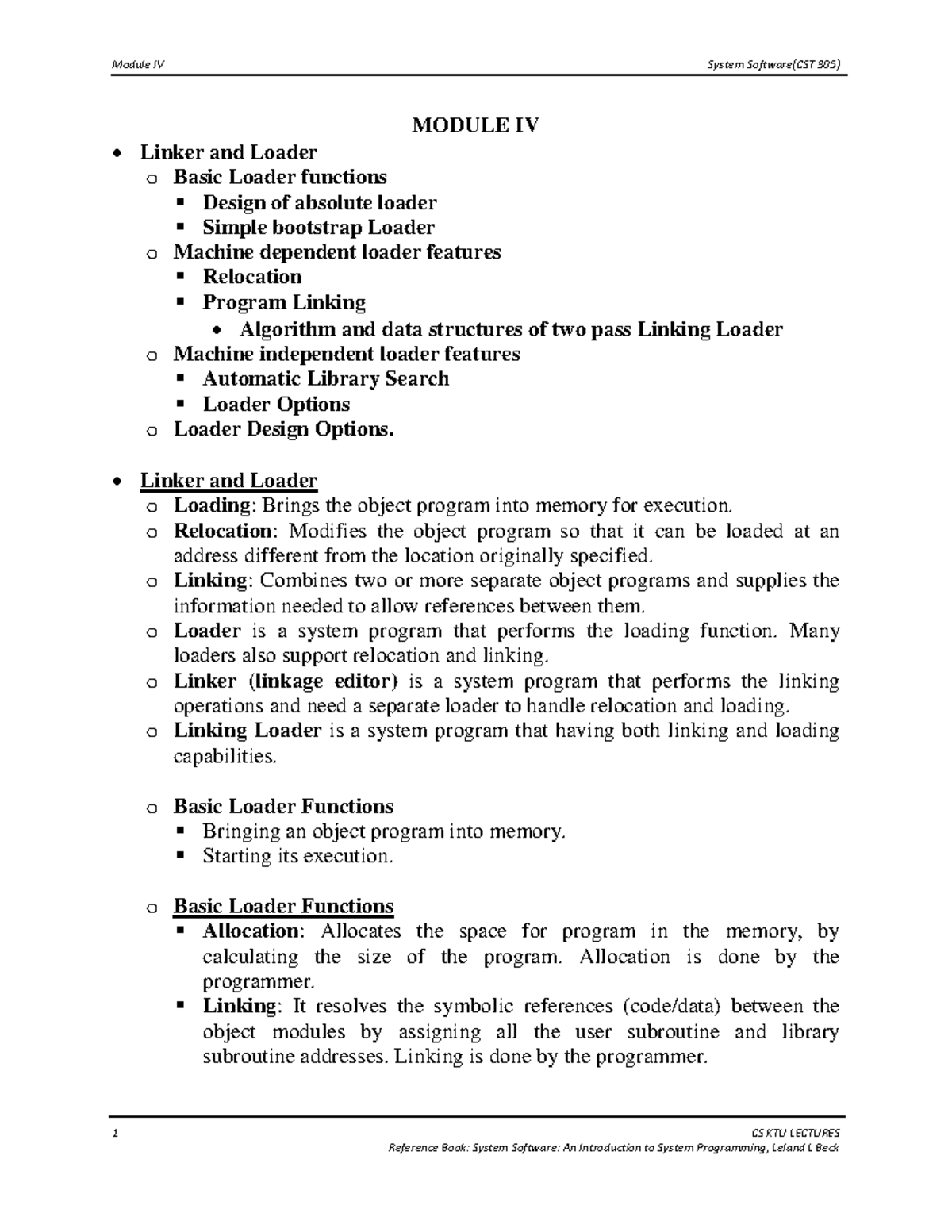 Module IV System Software: Linker and Loader Overview (CST 305) - Studocu