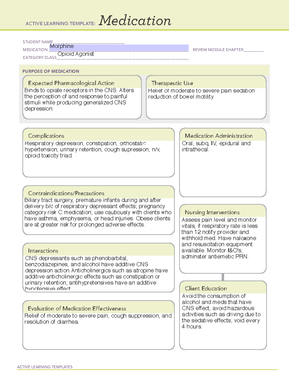 Morphine Med - ATI Template for Active Learning on Opioids - Studocu