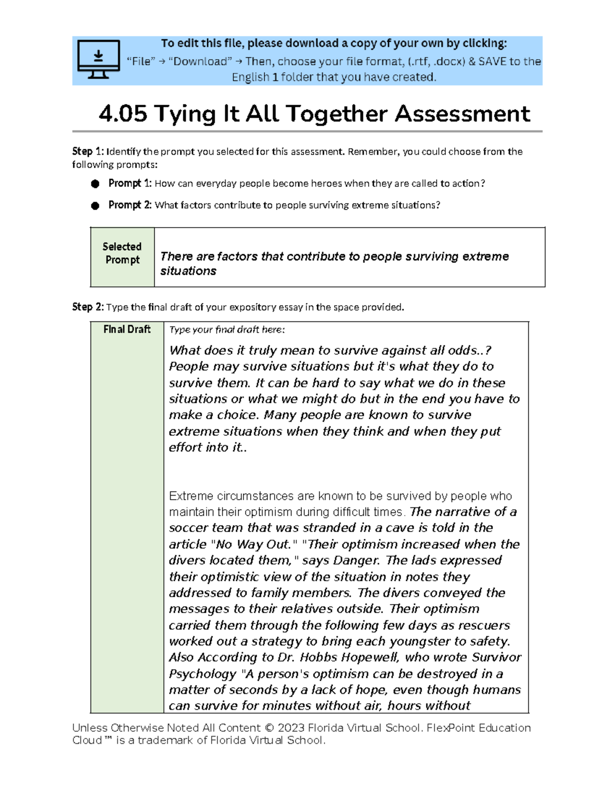 4.05 Tying It All Together: Expository Essay on Survival Factors - Studocu