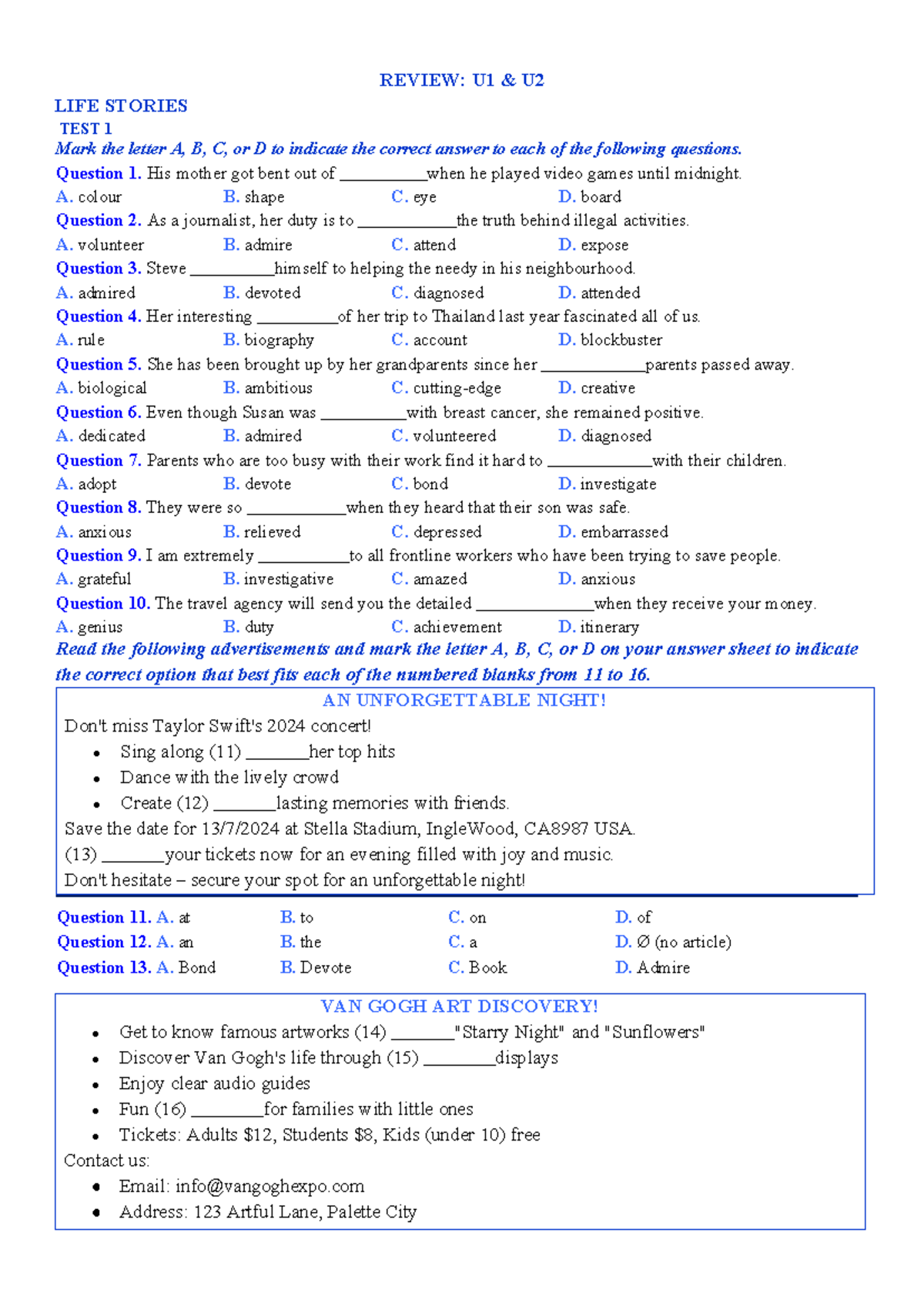 REVIEW: U1 U2 LIFE STORIES TEST 1 Answers and Explanations - Studocu