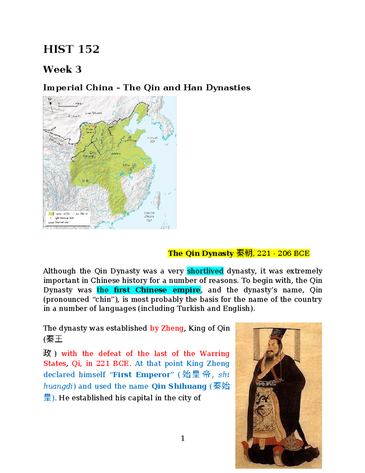 HIST 152 Week 3 Class Notes: The Qin and Han Dynasties - Studocu