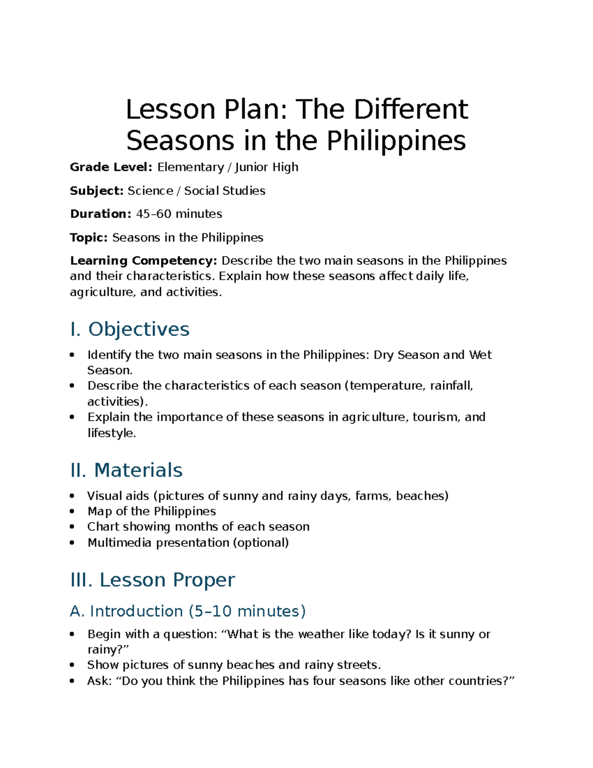 Lesson Plan: Understanding Seasons in the Philippines (Grade 5-8) - Studocu