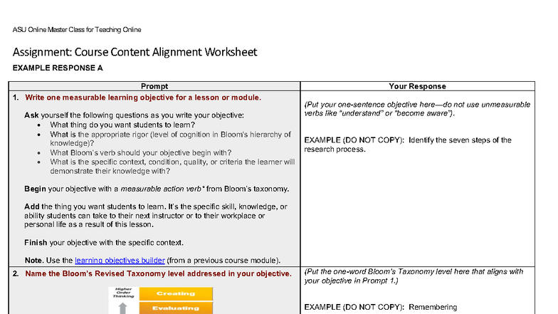 ASU Online Master Class: Course Content Alignment Worksheet Example - Studocu
