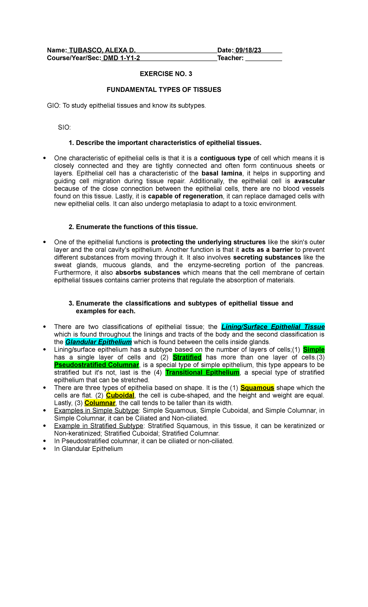 LAB Exercise Fundamental types of Tissues Integumentary System - Name: TUBASCO, ALEXA D. Date ...