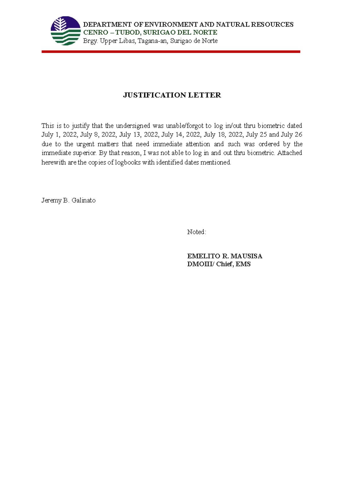 Justification Letter for Biometric Login Issues - DTR by Jeremy - Studocu