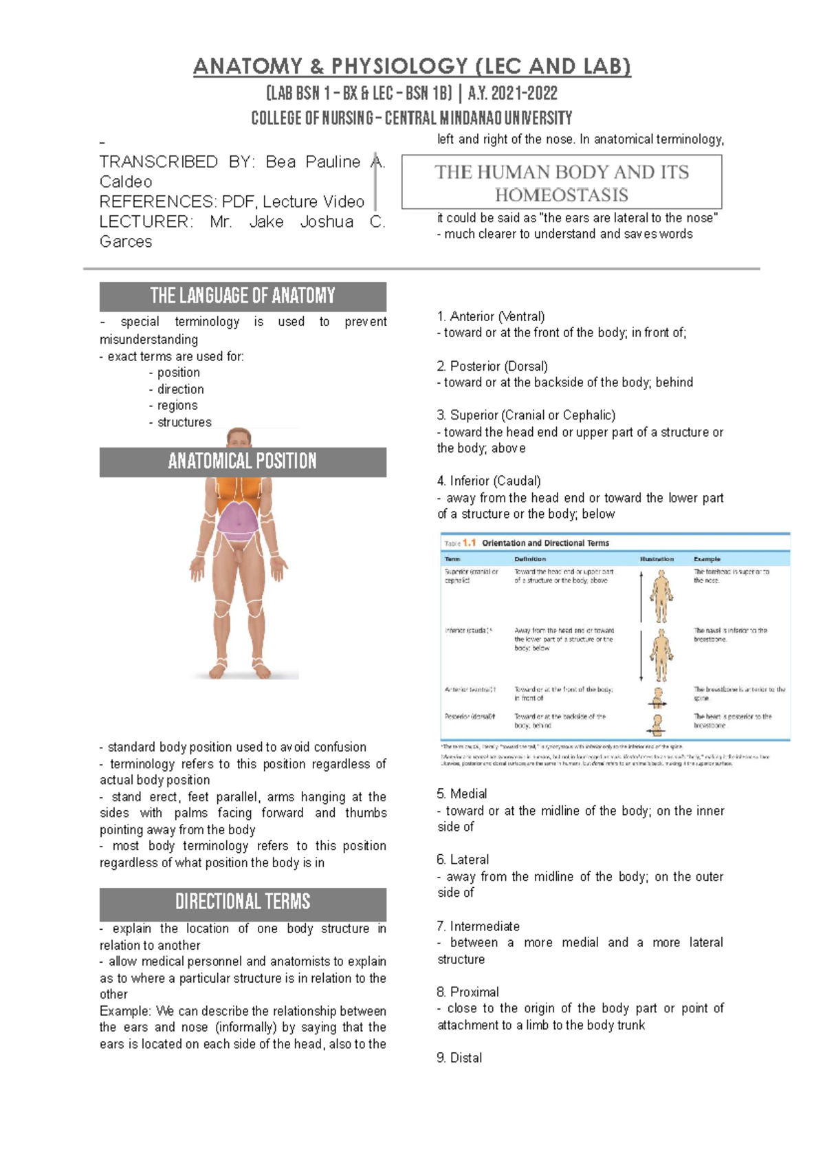 Anaphy THE BODY AND Homeostasis Transes - (LAB BSN 1 – BX & LEC – BSN ...