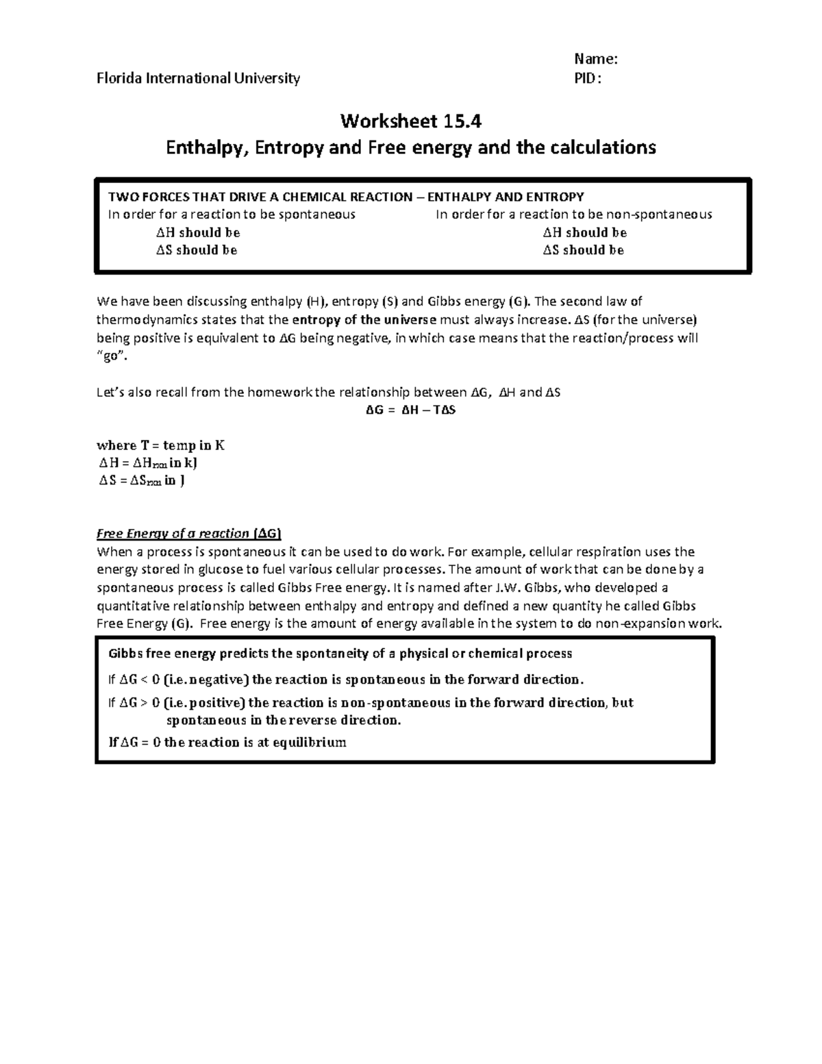 Worksheet 15.4: Enthalpy, Entropy, and Gibbs Free Energy Calculations ...