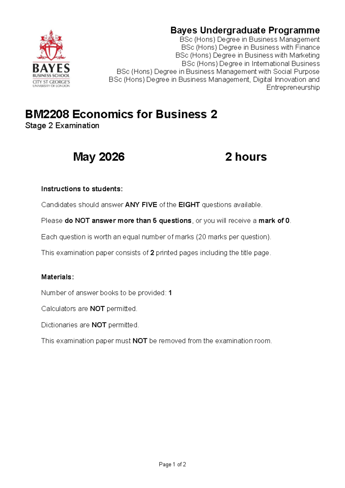 BM2208 Final Exam: Economics for Business 2 - Studocu