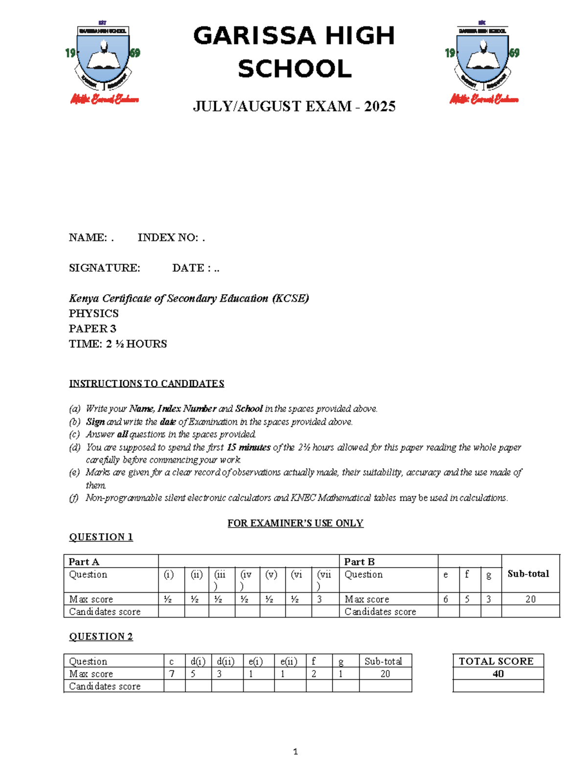 KCSE Physics Paper 3 Exam 2025 - Garissa High School - Studocu