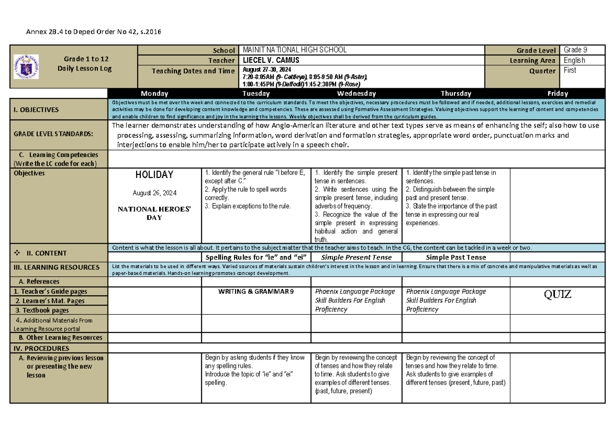 DLL ENG9 Week 5 - Daily Lesson Log for English 9 (Aug 27-30, 2024 ...