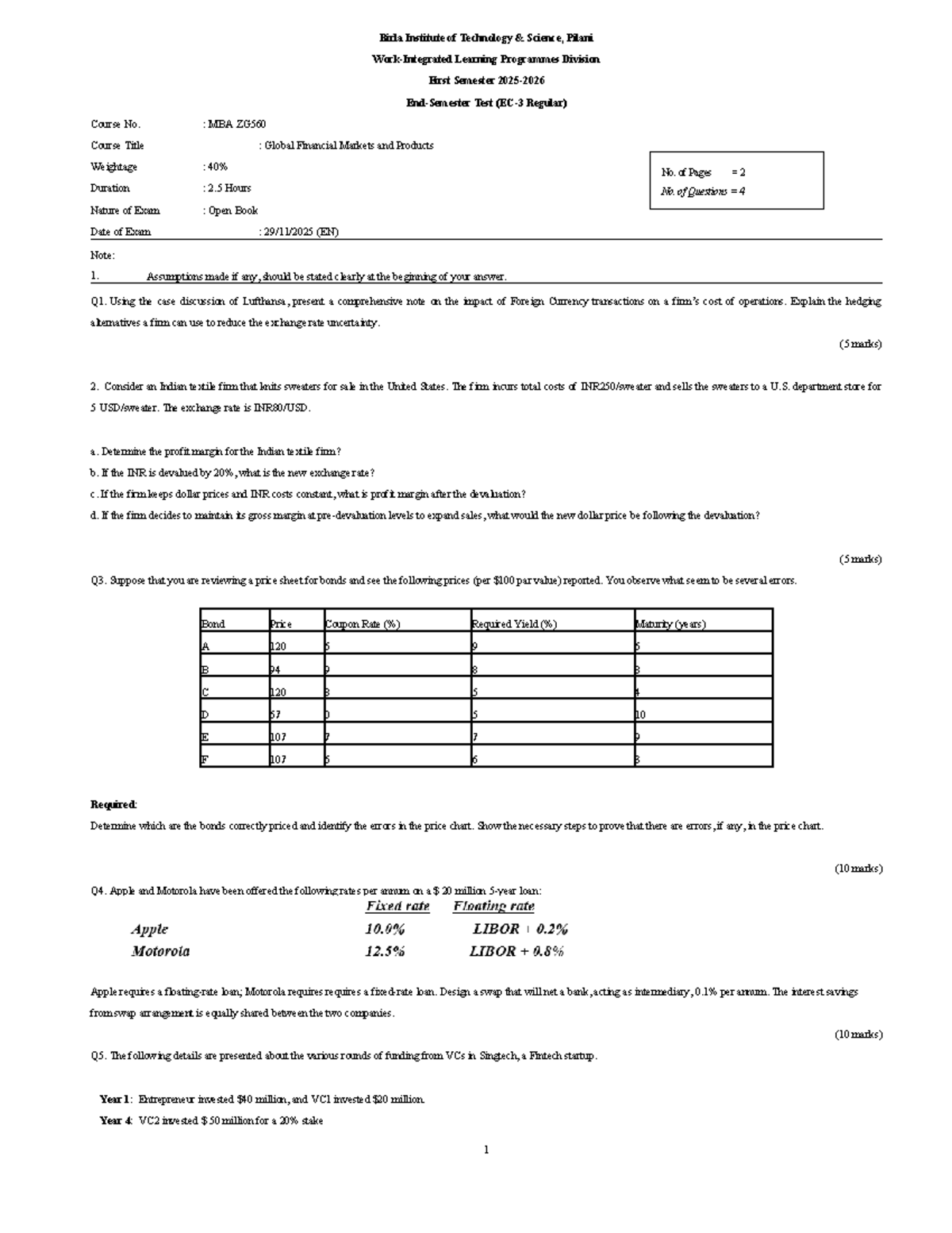 MBA ZG560 First Semester Exam: Global Financial Markets & Products ...