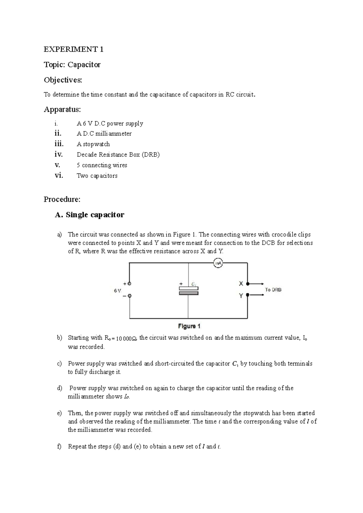 Experiment 1 lab report: Capacitor time constant and capacitance in RC ...