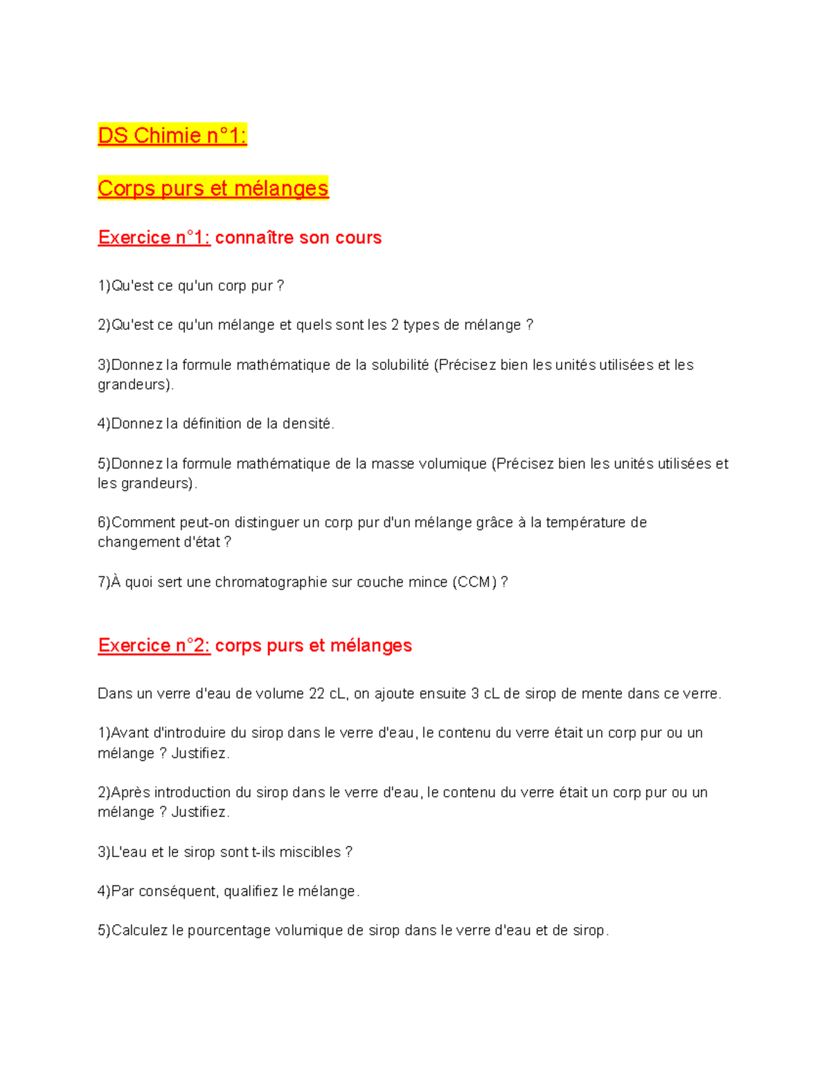DS n°1 Chimie - Exercice sur Corps Purs et Mélanges - Studocu