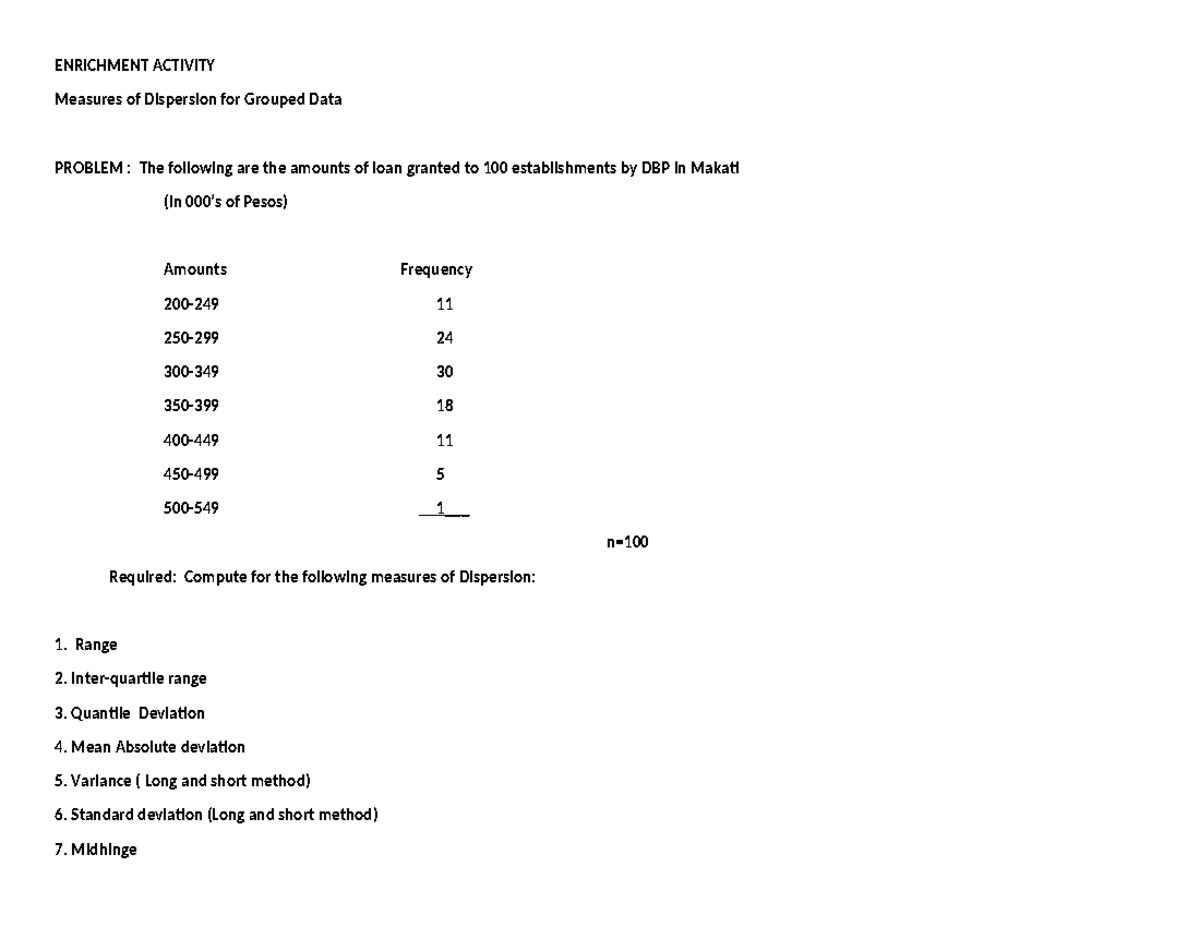 ENRICHMENT ACTIVITY: Measures of Dispersion for Grouped Data - Studocu