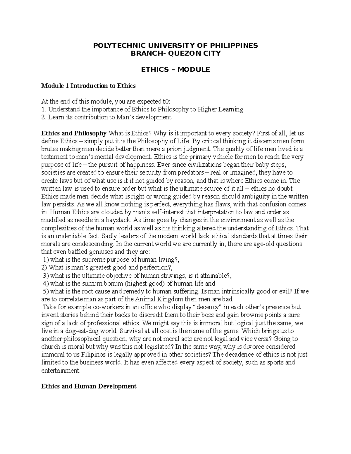 Ethics Module 1: Introduction to Ethics and Human Development - Studocu