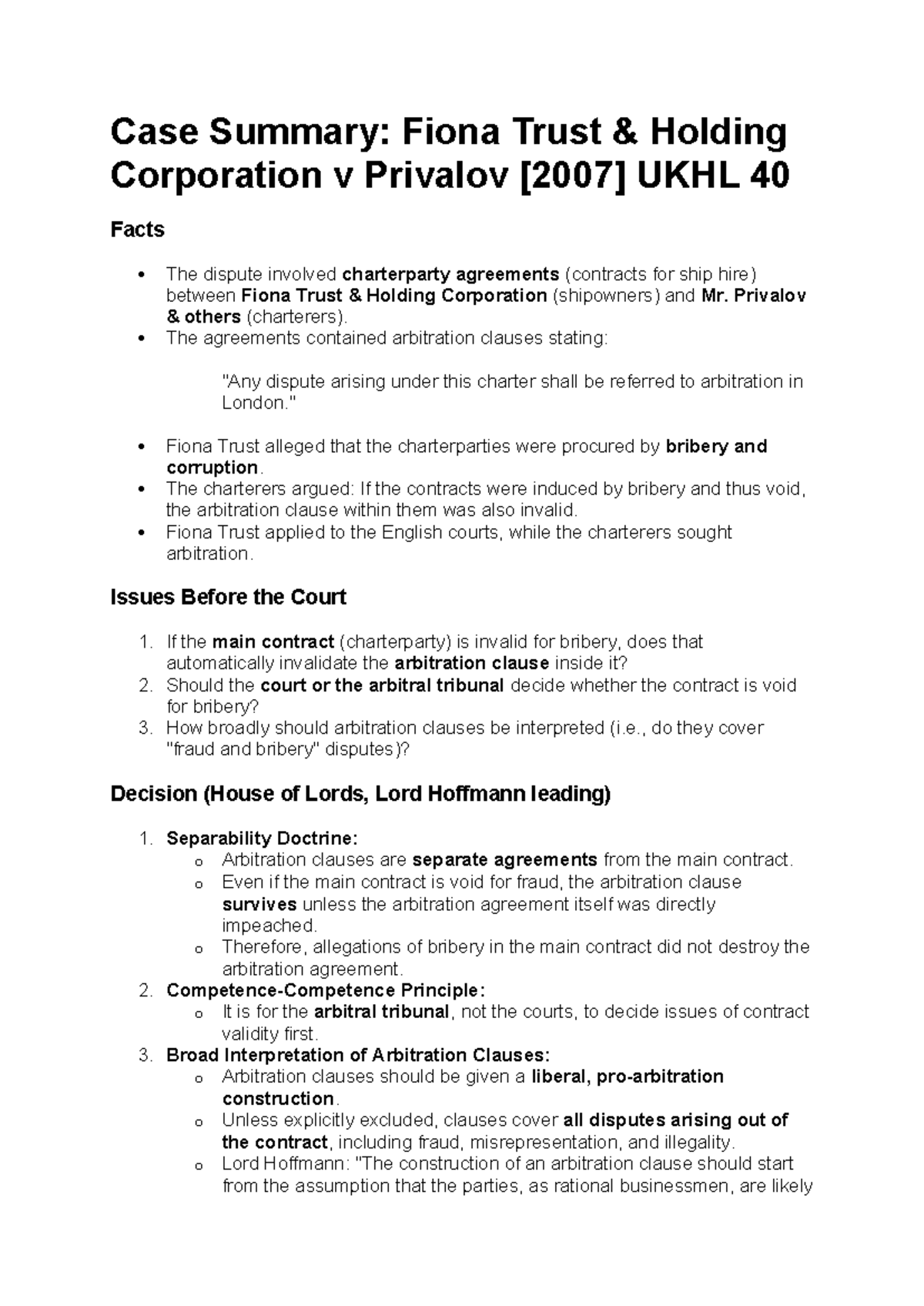 Fiona Trust Case Summary: UKHL 40 on Arbitration Clauses - Studocu