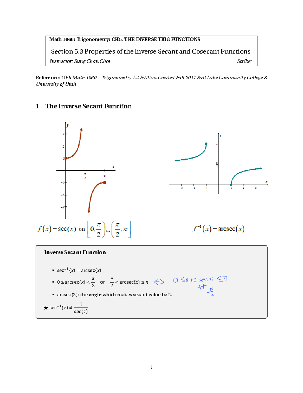 Properties of the inverse secant and cosecant functions - Math 1060 ...
