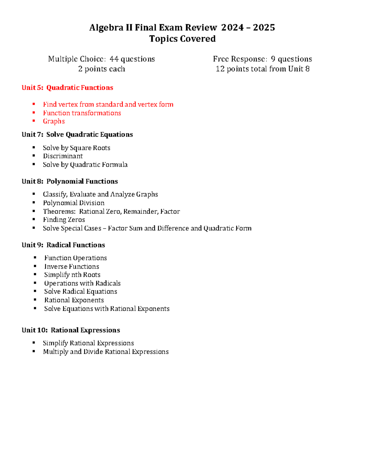 Algebra II Final Exam Review: Key Topics & Practice Problems (2024-2025) - Studocu