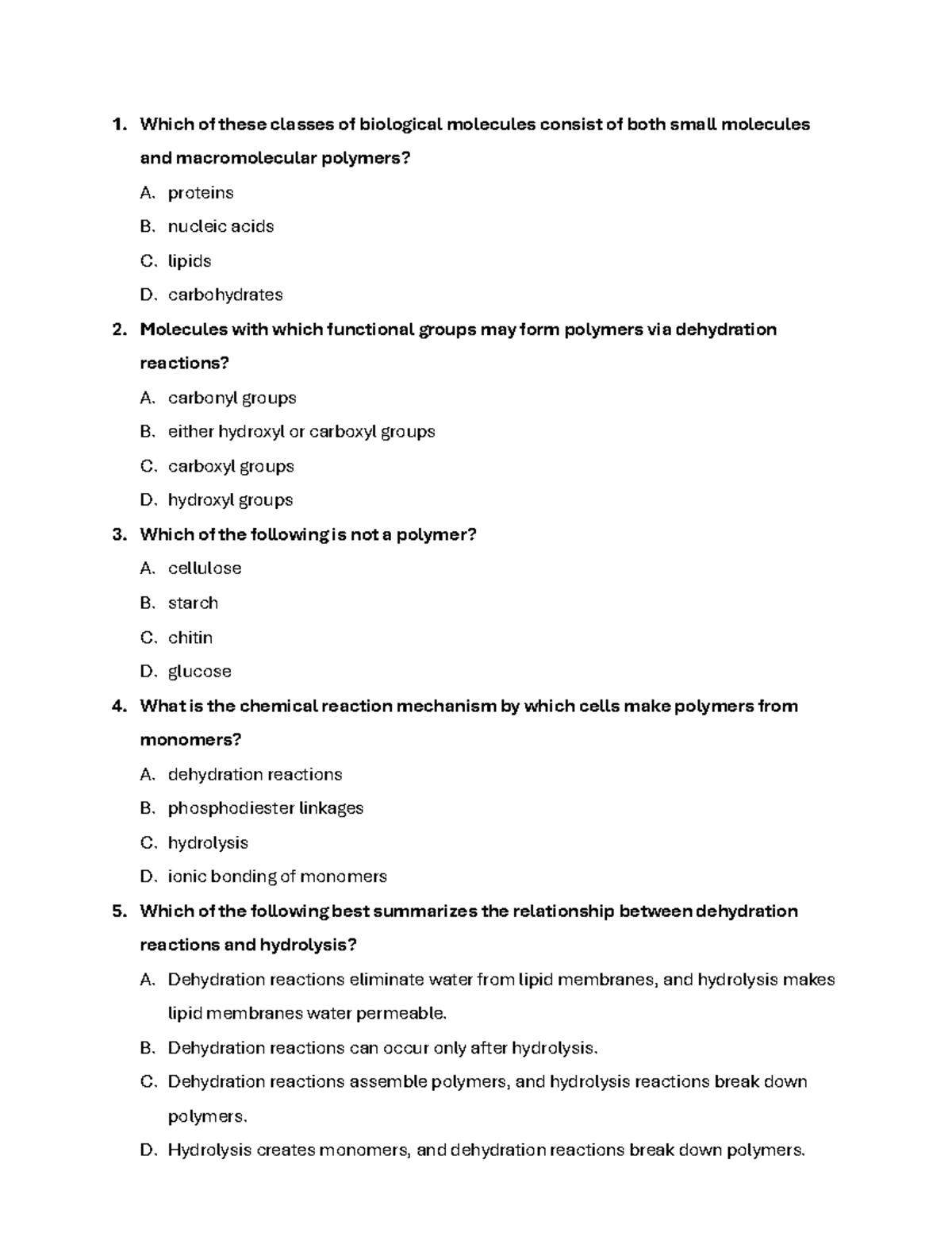 Chapter 3 Practice Questions: Biological Molecules & Polymers - Studocu