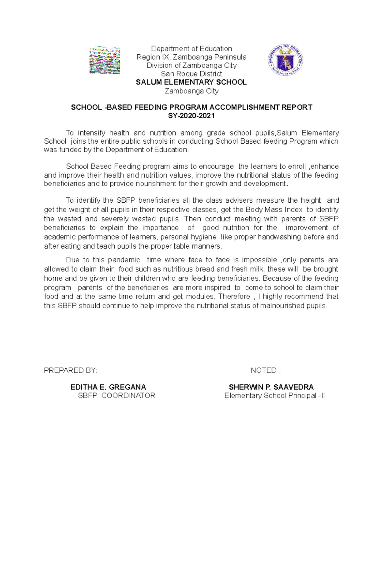SBFP Accomplishment Report SY-2020 - Salum Elementary School - Studocu