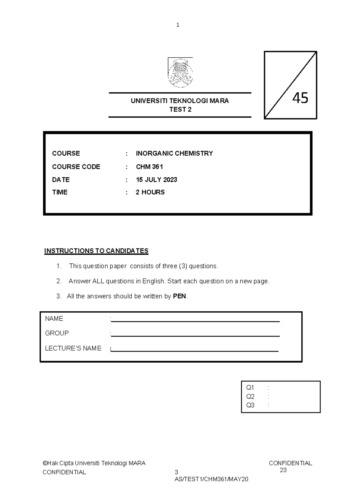 CHM 361 Inorganic Chemistry Test 2 - July 2023 - Studocu