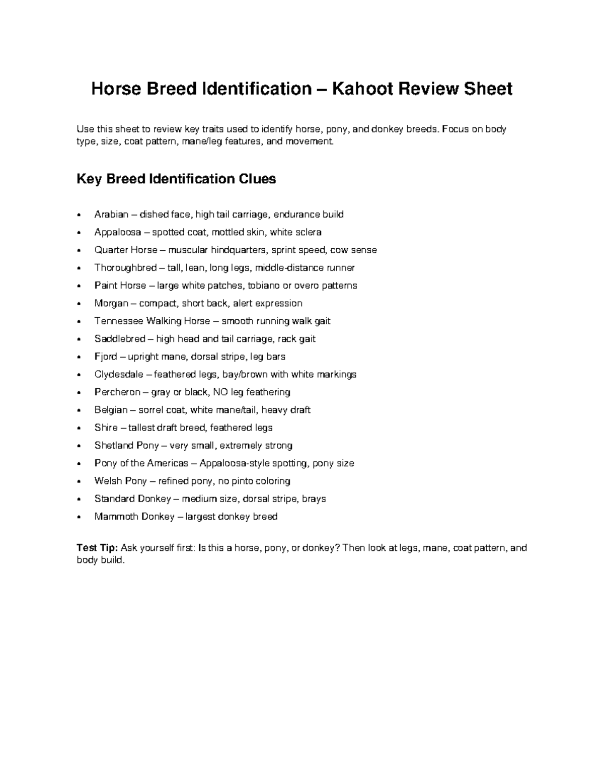 Horse Breed Identification Review Sheet for Kahoot Quiz - Studocu