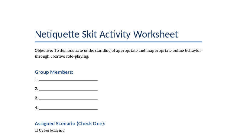 Netiquette Skit Activity Worksheet: Understanding Online Behavior - Studocu