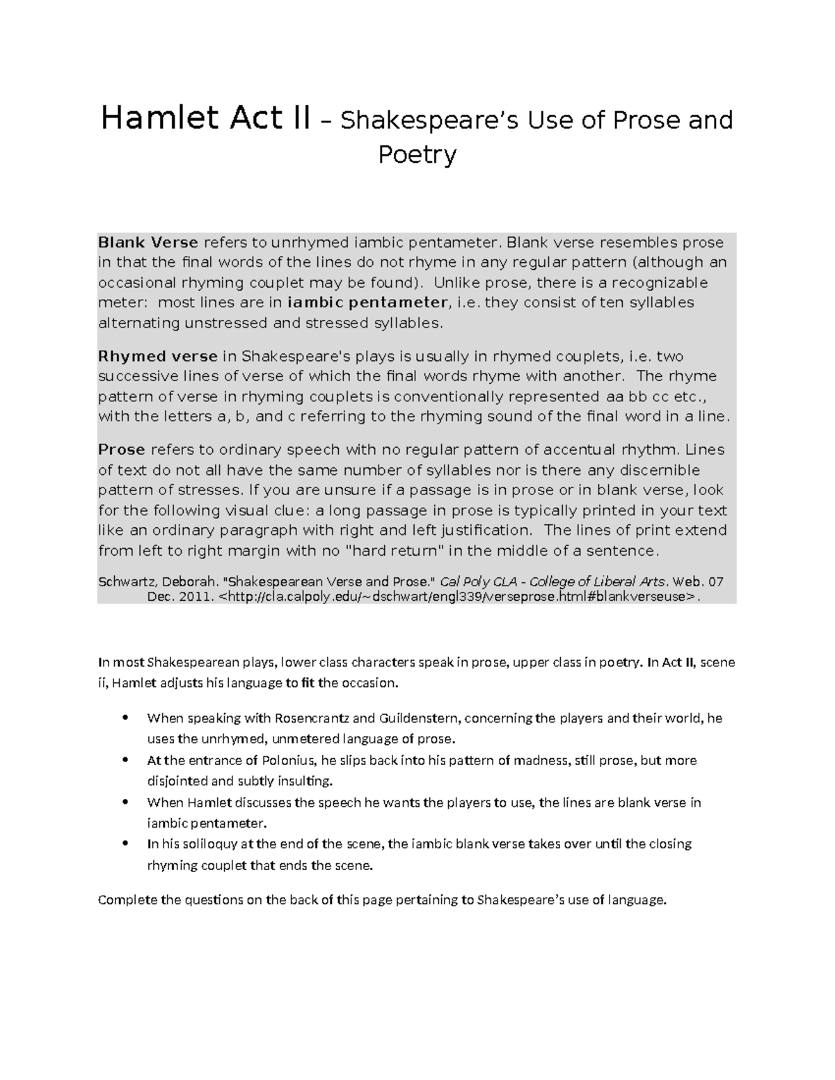 Hamlet Act II analysis of prose and poetry techniques - Studocu