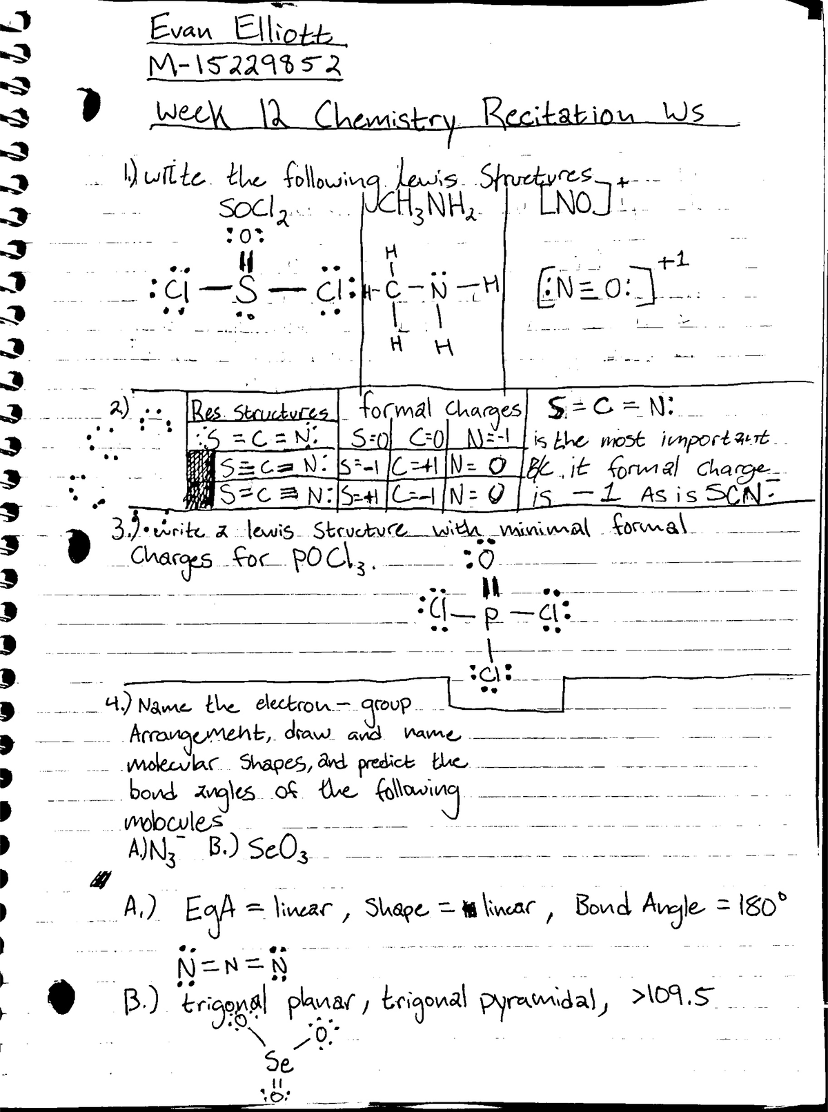Chemistry 12 Recitation WS Answers for Lewis Structures & Shapes - Studocu