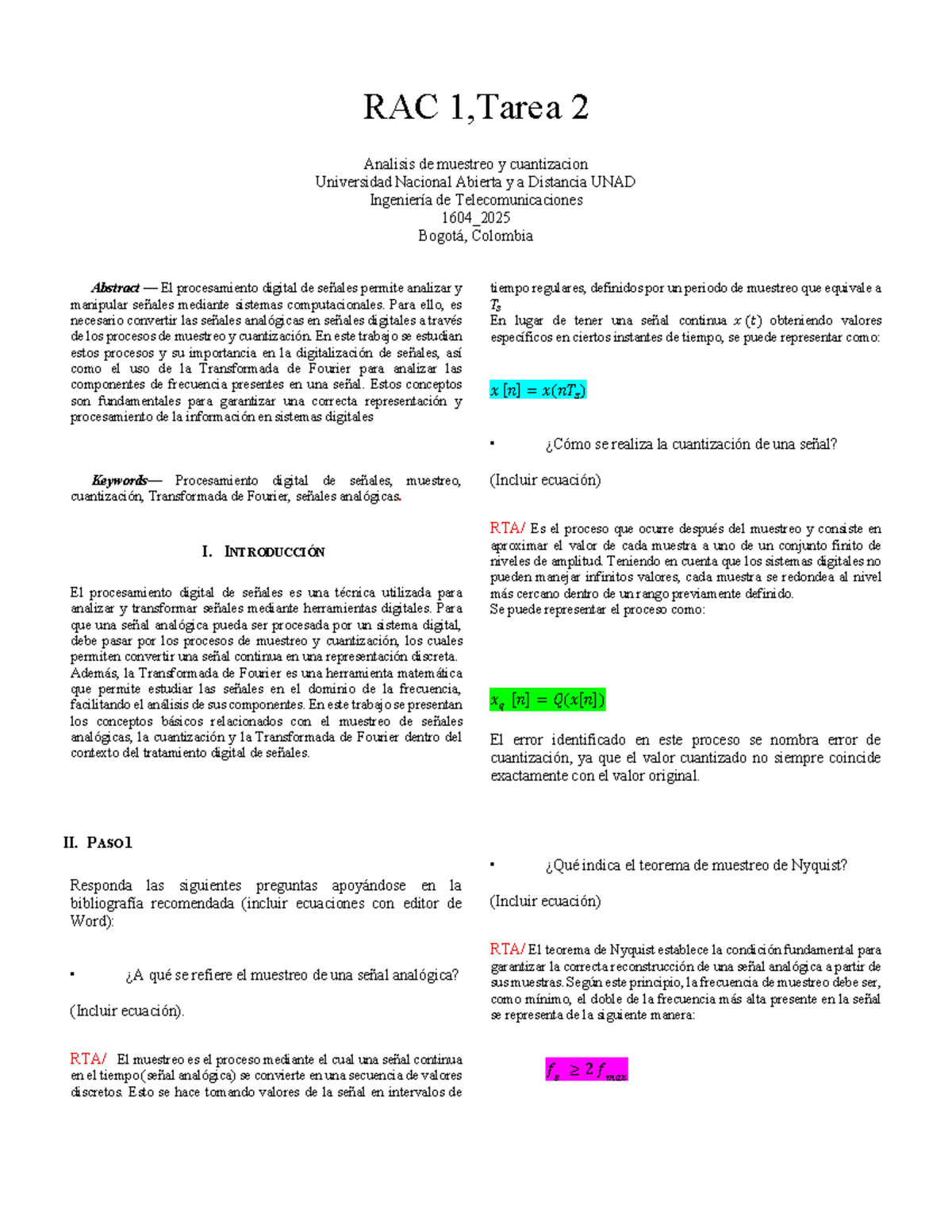 RAC 1: Tarea 2 - Análisis de Muestreo y Cuantización en DSP UNAD 1604 ...