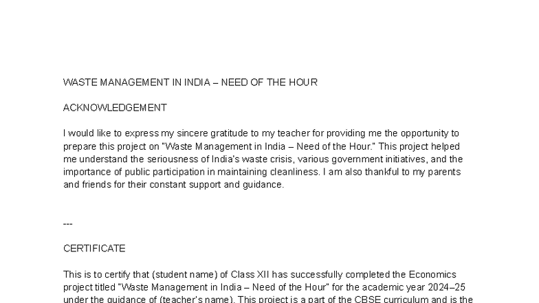 Waste Management in India: A Critical Project Report (Class XII) - Studocu