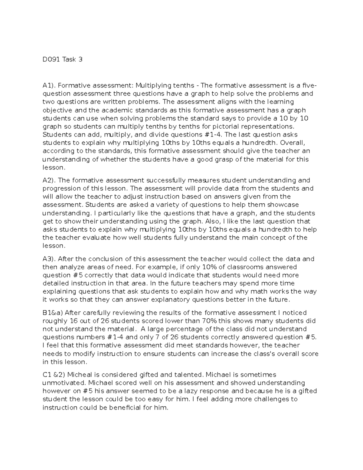 D091 Task 3: Formative Assessment on Multiplying Tenths and Student Progress - Studocu