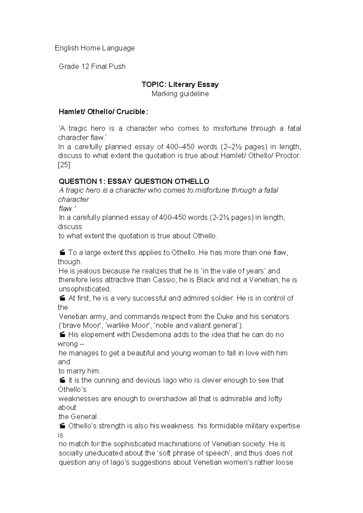Eng HL Literary Essay Guidelines: Othello & The Crucible Analysis - Studocu