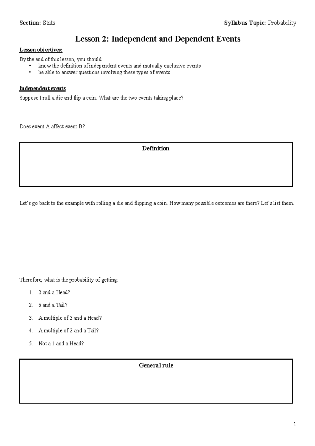 Stats Syllabus: Probability Lesson 2 - Independent & Dependent Events ...