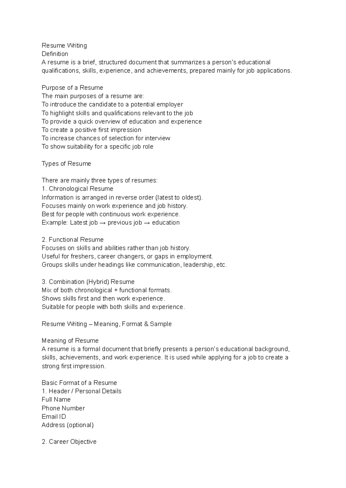 Resume Writing: Definition, Purpose, and Types Explained - Studocu