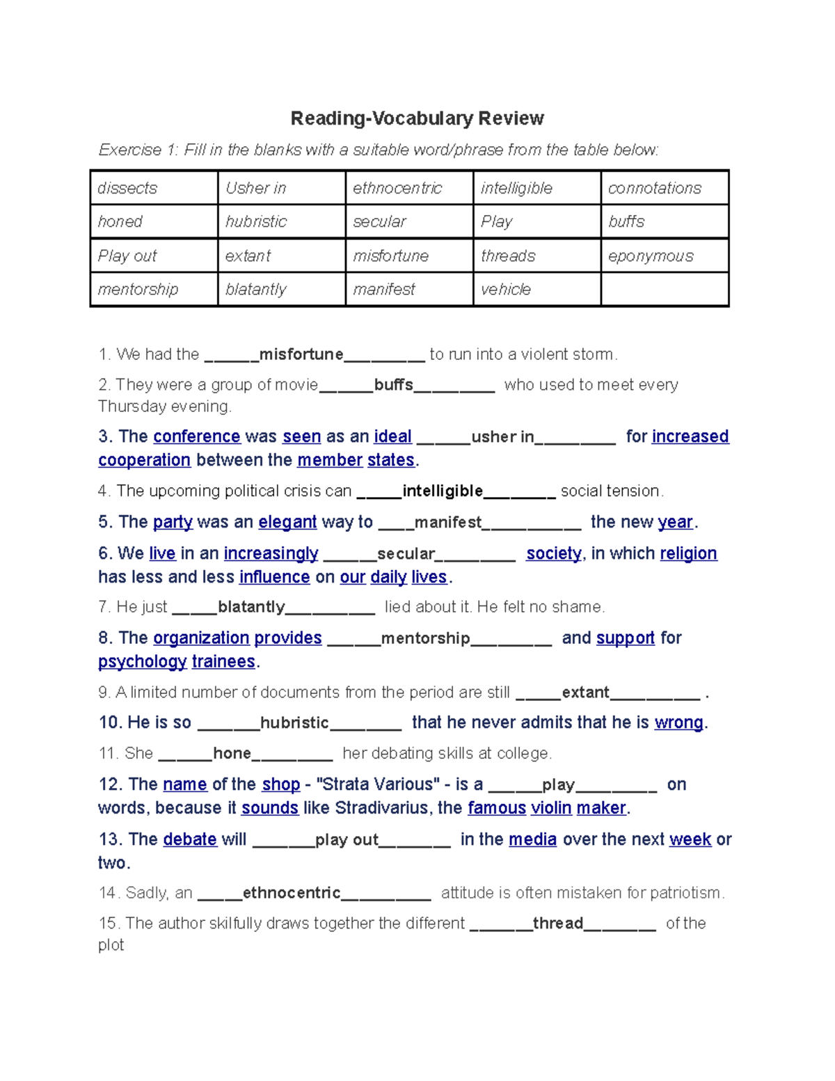 [Revised] Reading+Vocab Exercise - Reading-Vocabulary Review Exercise 1 ...