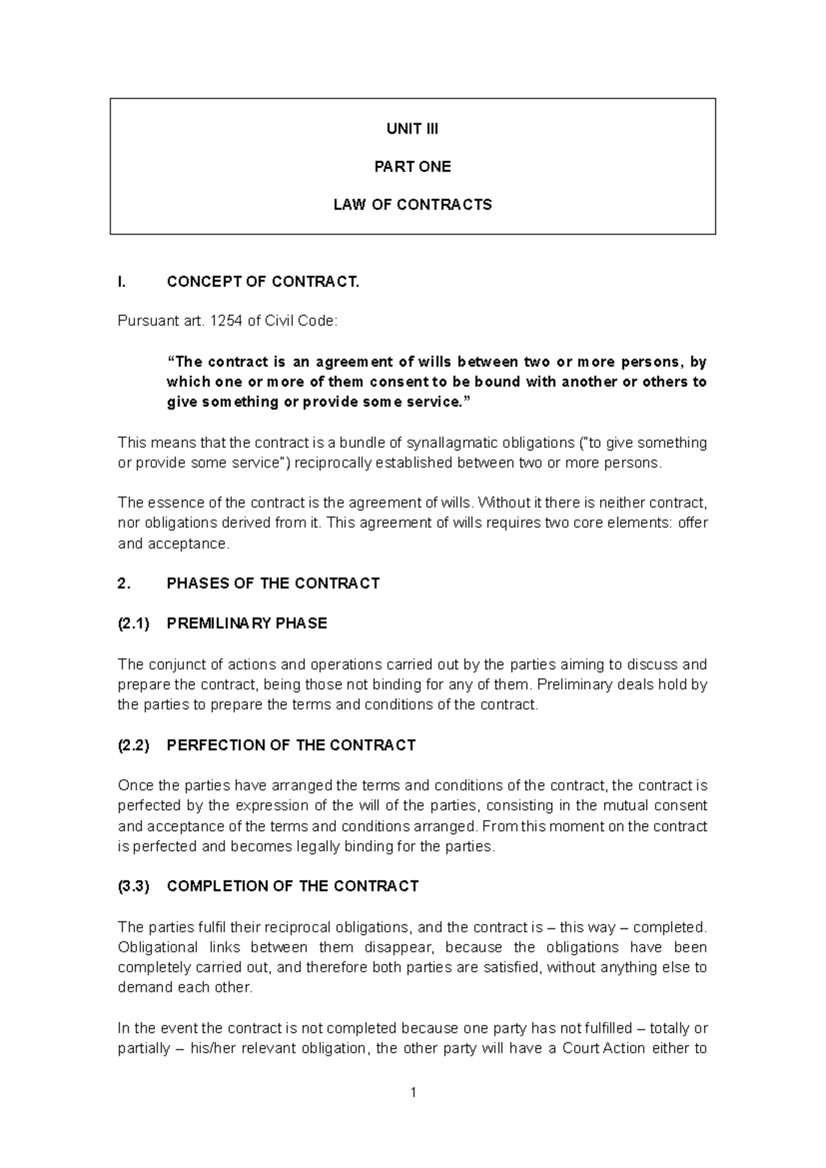 UNIT III. PART 1. LAW OF Contracts. - UNIT III PART ONE LAW OF ...